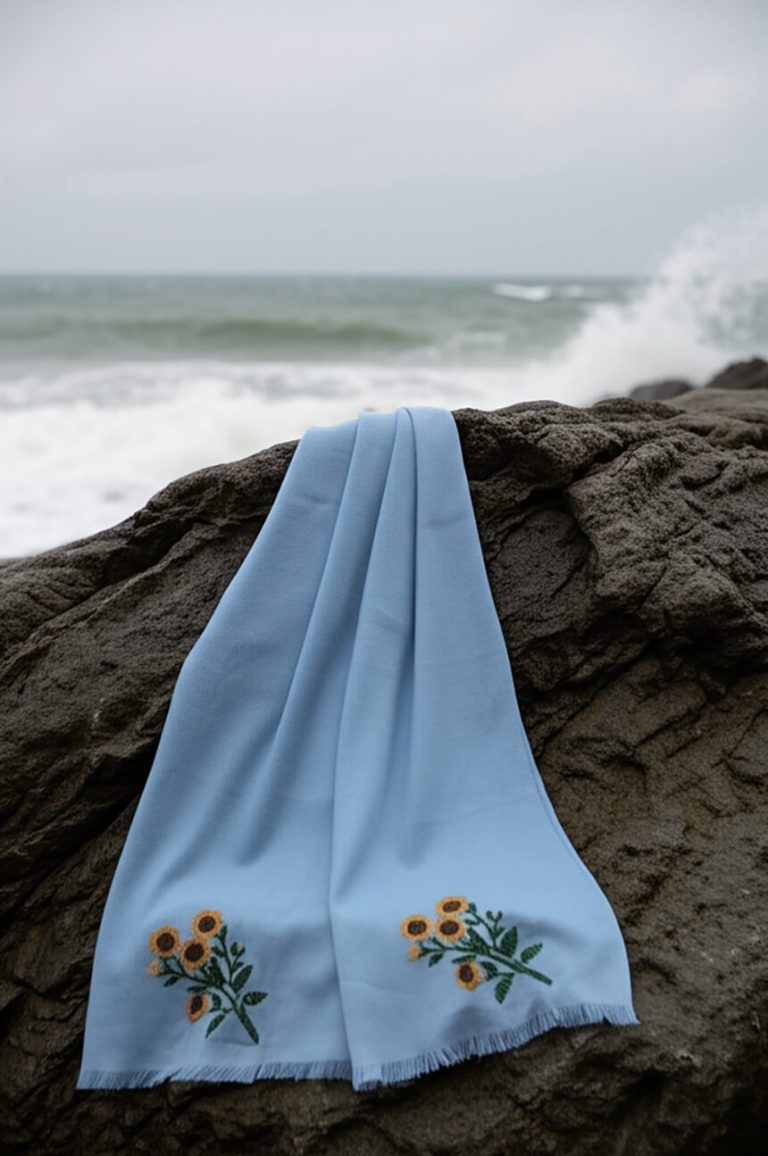 Baby Blue Cashmere Scarf with Sunflower Embroidery
