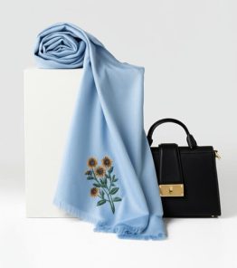 Baby Blue Cashmere Scarf with Sunflower Embroidery
