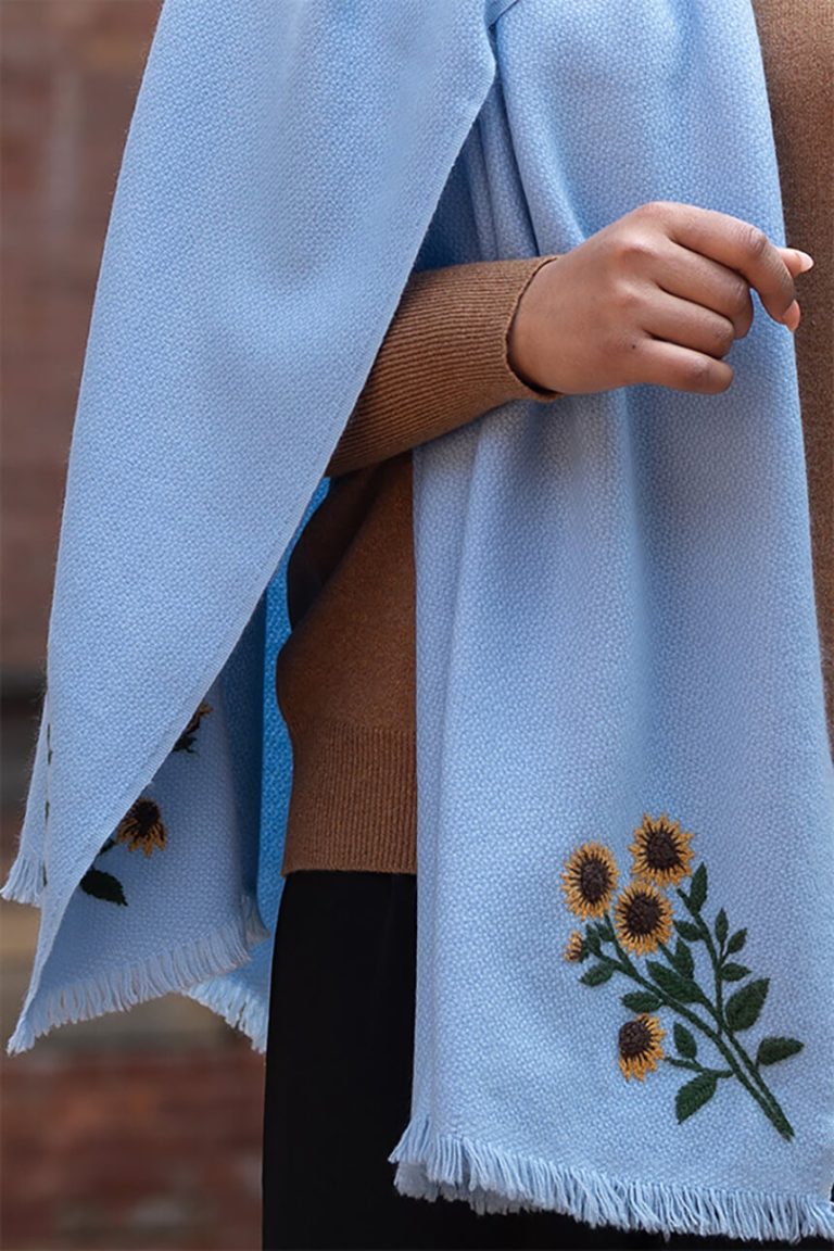 Baby Blue Cashmere Scarf with Sunflower Embroidery