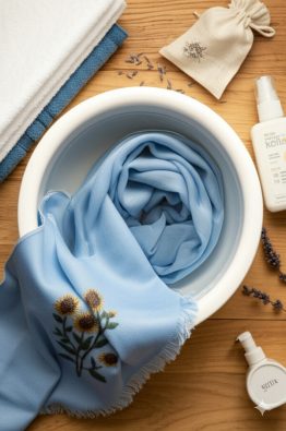 Baby Blue Cashmere Scarf with Sunflower Embroidery