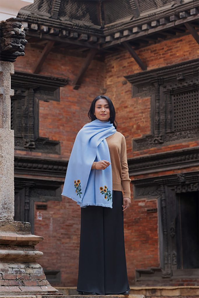 Baby Blue Cashmere Scarf with Sunflower Embroidery