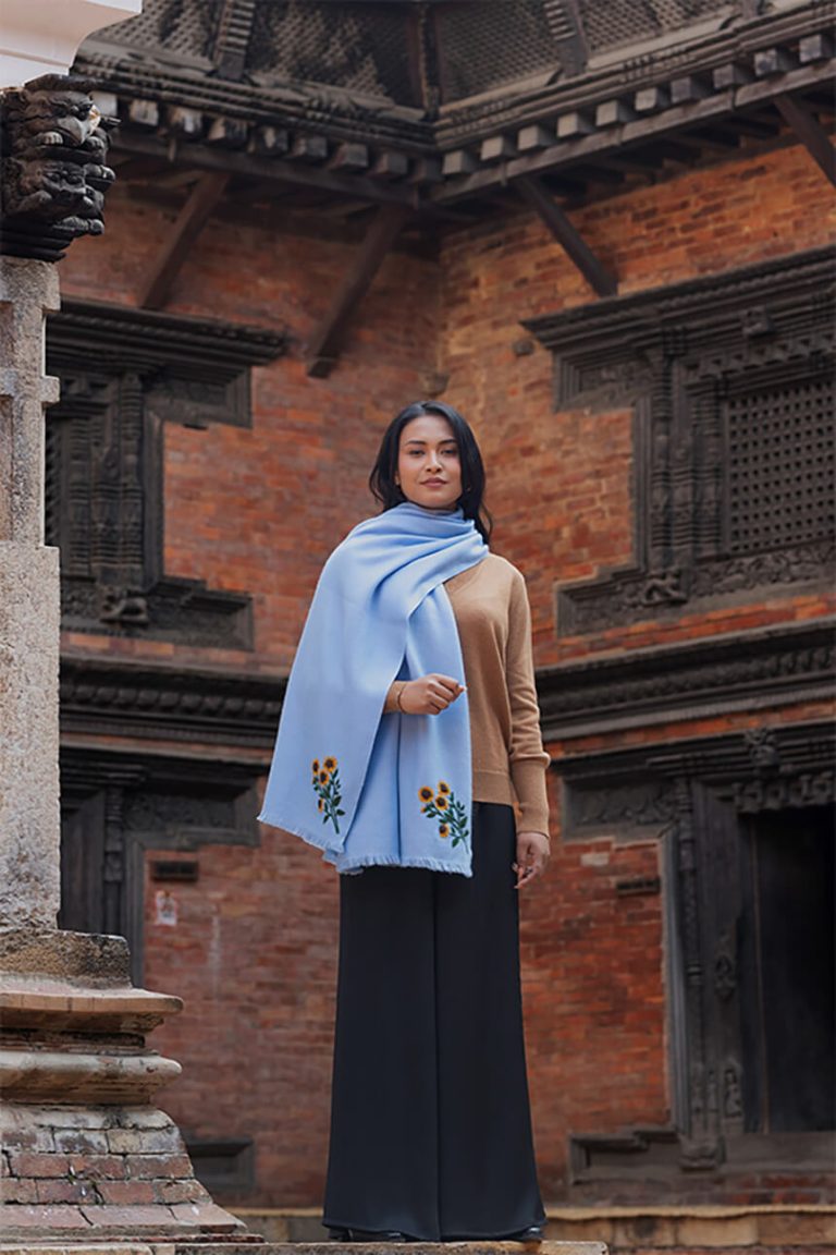 Baby Blue Cashmere Scarf with Sunflower Embroidery
