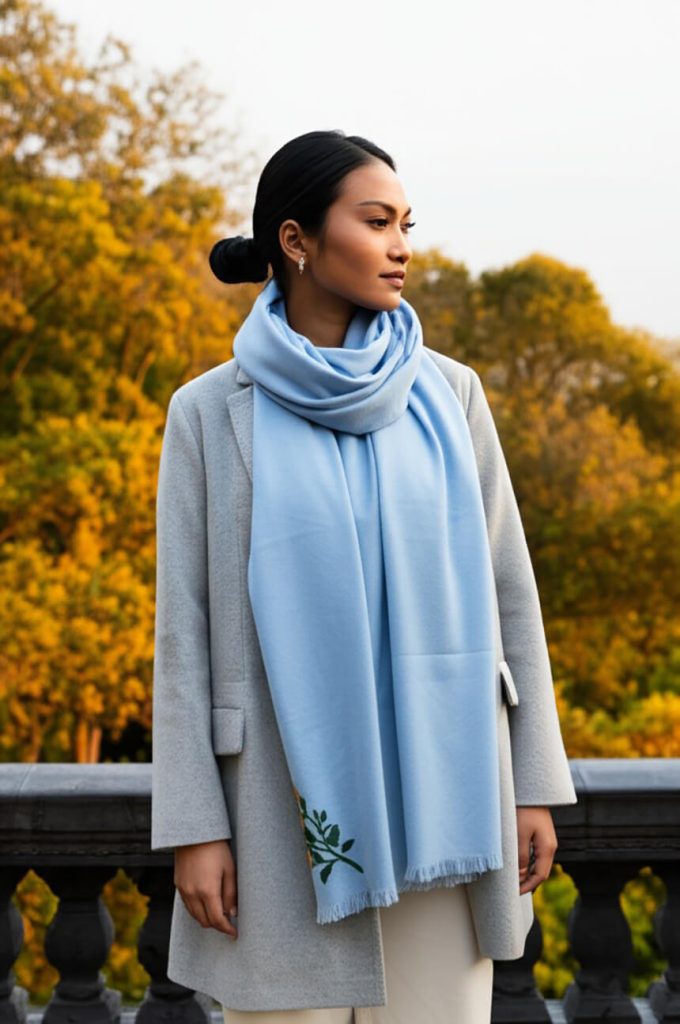 Baby Blue Cashmere Scarf with Sunflower Embroidery
