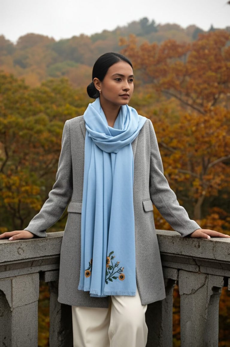 Baby Blue Cashmere Scarf with Sunflower Embroidery