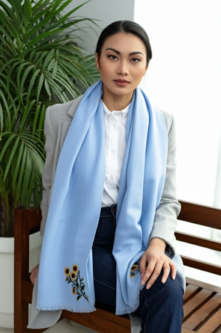 Baby Blue Cashmere Scarf with Sunflower Embroidery